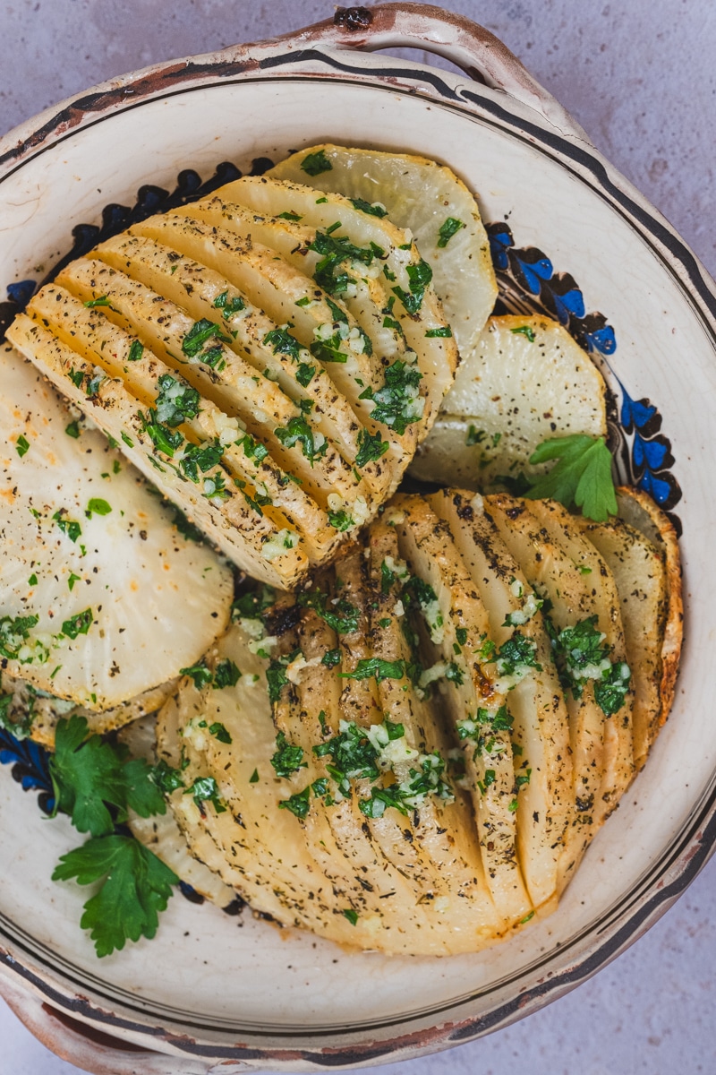 Roasted Celeriac (Hasselback) with Garlic-Butter Sauce - Creative in My Kitchen